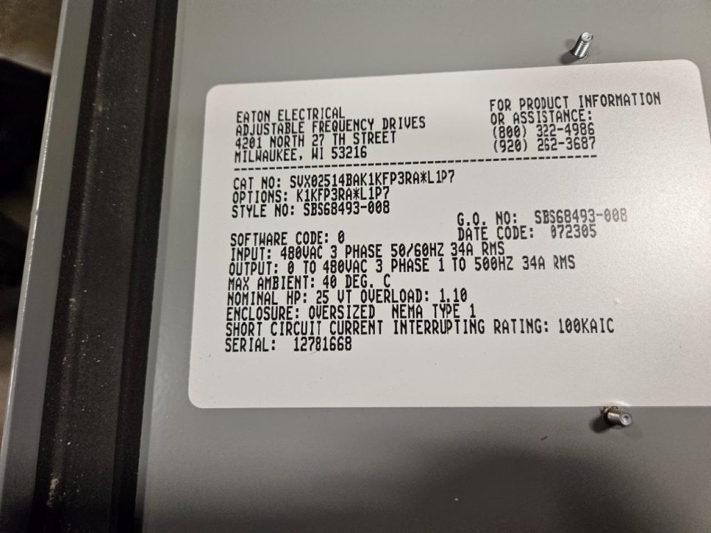 Eaton SVX9000 25 HP Enclosed VFD Drive SVX020A1-4A1B1 / 480V AC ...